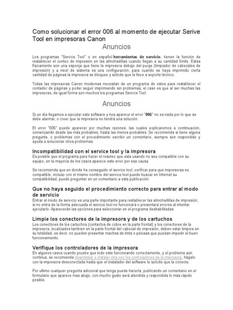 Como Solucionar El Error 006 Al Momento De Ejecutar Serive Tool En Impresoras Canon Pdf
