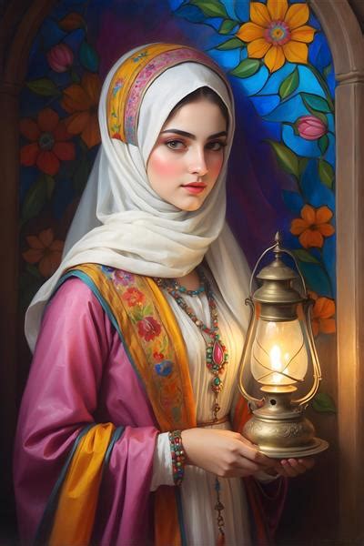 نقاشی زن ایرانی با حجاب و لباس سنتی، فانوس روشن و پنجره رنگی 1735869