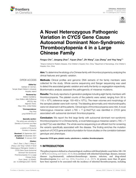 Pdf A Novel Heterozygous Pathogenic Variation In Cycs Gene Cause