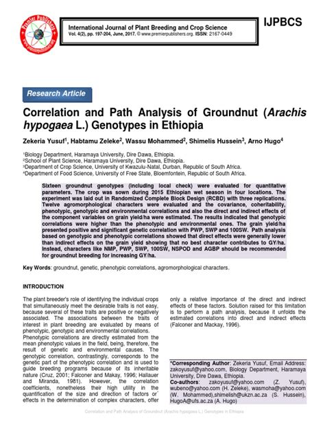 Correlation And Path Analysis Of Groundnut Arachis Hypogaea L Genotypes In Ethiopia Pdf