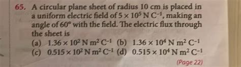 A Circular Plane Sheet Of Radius 10 Cm Is Placed In A Uniform Electric Fi