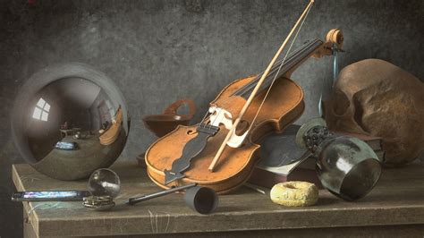 Vanitas With Violin And Glass Ball Homage Rare Digital Artwork