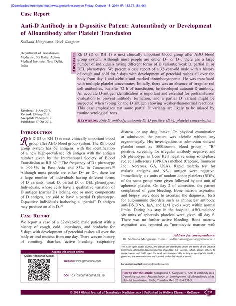 Pdf Anti D Antibody In A D Positive Patient Autoantibody Or