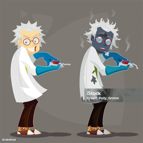 실험실 외 투 및 파란 고무 장갑에 미친 과학자 교수 실패 한 실험 불 재미 있는 만화 벡터 일러스트 레이 션 괴짜에 대한 스톡 벡터 아트 및 기타 이미지 Istock