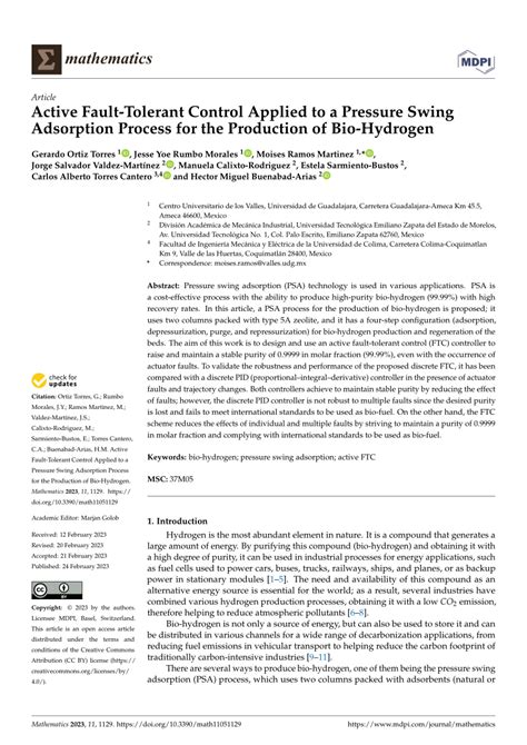 Pdf Active Fault Tolerant Control Applied To A Pressure Swing Adsorption Process For The