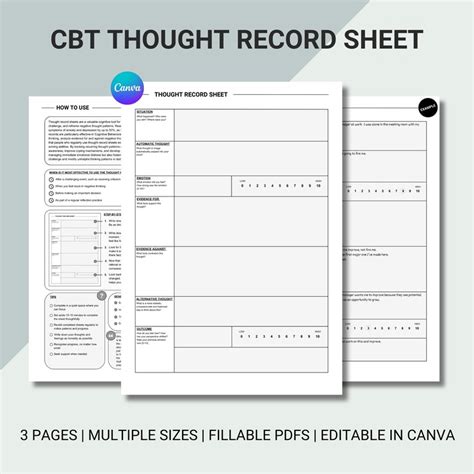 Cbt Thought Record Sheet Printable Customizable Worksheet Mental
