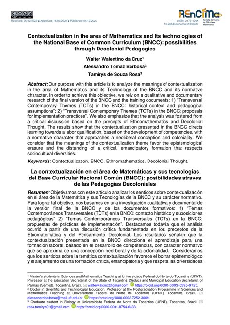 Pdf Contextualization In The Area Of Mathematics And Its Technologies Of The National Base Of