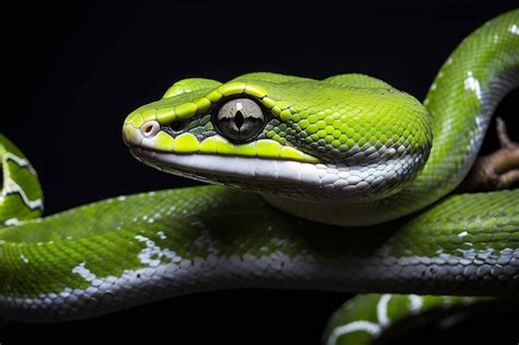 Green Tree Python Juvenile Closeup On Branch With Black Background