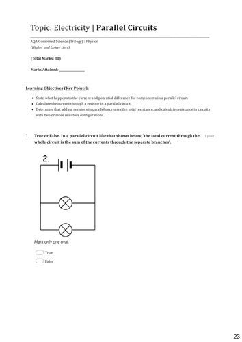 Aqa Gcse Physics Topic Electricity Self Assessment Revision Questions [for 2023 Exam Onwards