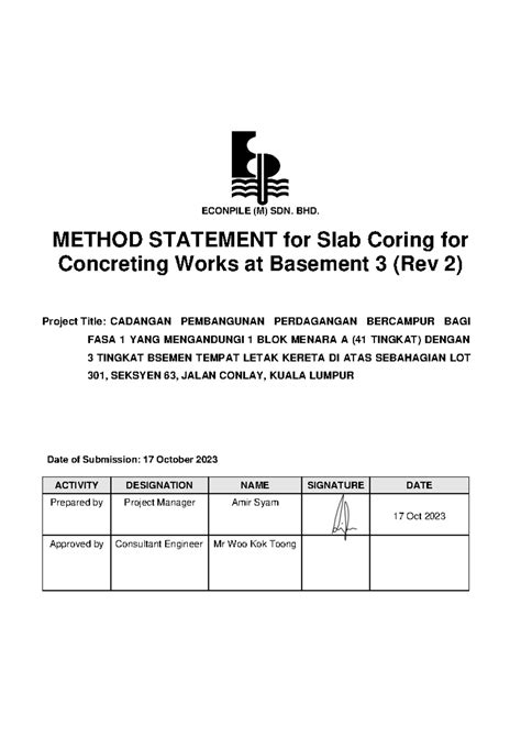 Method Statement For Slab Coring For Concreting Works At Basement Rev ECONPILE M SDN