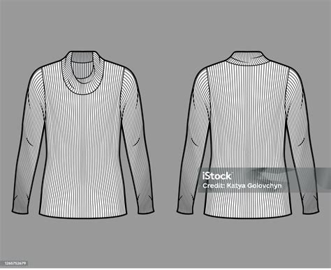 리브드 카울 터틀넥 니트 스웨터 테크니컬 패션 일러스트와 긴 소매 오버사이즈 바디 튜닉 길이 0명에 대한 스톡 벡터 아트 및 기타 이미지 Istock