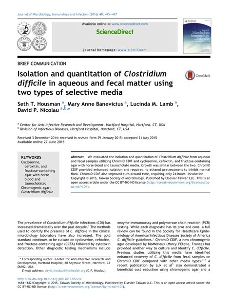 Pdf Isolation And Quantitation Of Clostridium Difficile In Aqueous