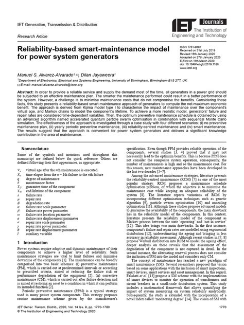 Iet Generation Trans Dist 2020 Alvarez Alvarado Reliability Based Smart Maintenance Model