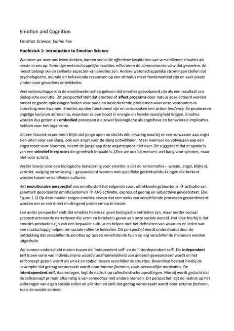 Emotion And Cognition Samenvatting Emotion And Cognition Emotion Science Elaine Fox Hoofdstuk