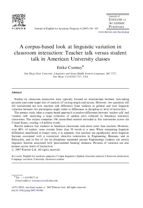 Pdf A Corpus Based Look At Linguistic Variation In Classroom