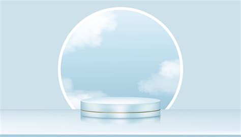 파란색 배경 3d 연단베이스 디스플레이 스탠드 푸른 하늘에 흰색 솜 털 구름 아름다움을위한 벡터 배경 최소 플랫폼 무대 원형 모형 화장품 프리젠 테이션과 스튜디오 룸 배경