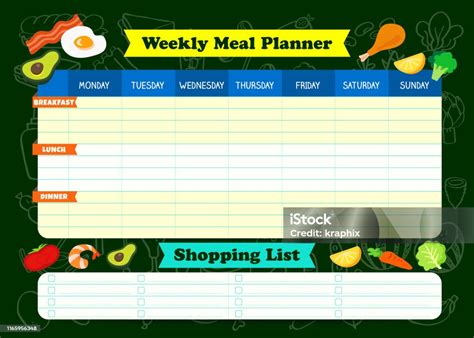 음식 일러스트와 주간 식사 플래너 학교에서 아이들을위한 식사 시간표 어린이 주간 식사 일정 디자인 템플릿 벡터 그림 어린이 식사