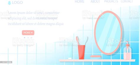 인테리어 디자인 및 욕실 액세서리에 대한 웹 사이트 온라인 상점 또는 웹 사이트에 대한 템플릿 아파트에는 거울 선반과 욕실 액세서리가 숨겨져 있습니다 인테리어 디자인의 개념