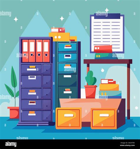 A Drawing Showing Files In Filing Cabinets In An Office Environment Stock Vector Image And Art Alamy