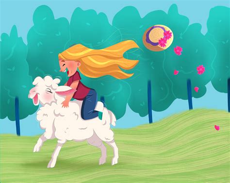 Иллюстрация Веселая девочка с другом овечкой в стиле детский