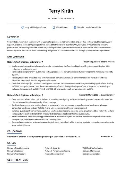 Network Test Engineer Resume Cv Example And Writing Guide