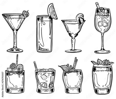 Alcoholic Cocktail Glass Hand Drawn Sketch Vector Illustration Alcohol Drink In Different Glass