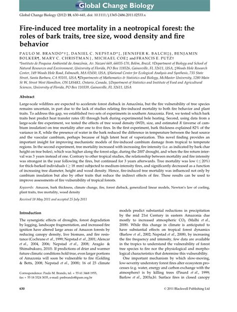 Pdf Fire Induced Tree Mortality In A Neotropical Forest The Roles Of Bark Traits Tree Size