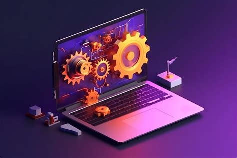 Premium Photo System Update Concept With Laptop And Gear Machine With