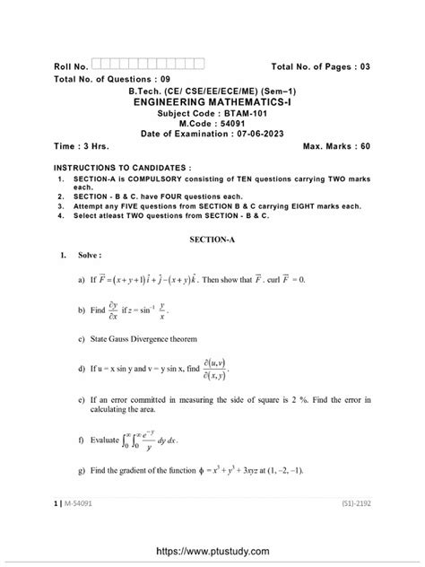 Btech 1 Sem Engineering Mathematics 1 54091 Jun 2023 Pdf