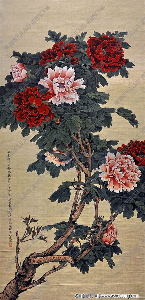 于非闇 国画二乔牡丹图轴高清大图下载 名画油画网
