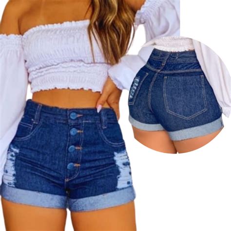 Short Jeans Feminino Bermuda Jeans Rasgado Levanta Bumbum Feminino