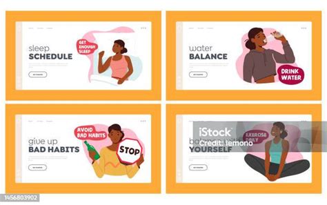 면역 랜딩 페이지 템플릿 세트를 강화하는 방법 여성 캐릭터 수면 요가 명상 매일 운동 음료 술 마실 것에 대한 스톡 벡터 아트