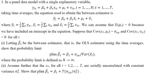 1 In A Panel Data Model With A Single Explanatory
