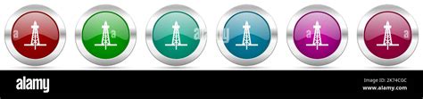 Drilling Silver Metallic Vector Icon Set Round Glossy Buttons With Chrome Border For Web Design