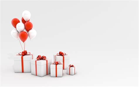 흰색 배경에 활과 현실적인 흰색과 빨간색 풍선과 선물 상자의 3d 렌더링 그림 파티 홍보 소셜 미디어 배너 포스터를위한 빈 공간 성탄절 선물에 대한 스톡 사진 및 기타