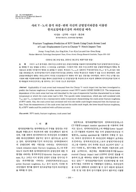 샤피 V 노치 충격 하중 변위 곡선의 균열정지하중을 이용한 원자로압력용기강의 파괴인성 예측 Koreascholar