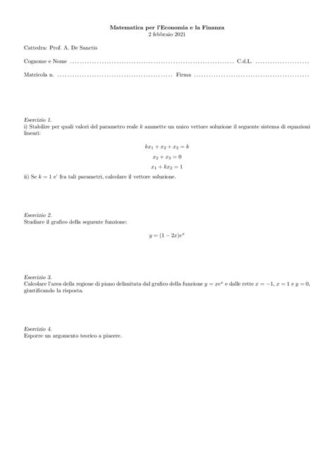 Matematica Prova Desame 2021 Prove Desame Di Matematica Generale