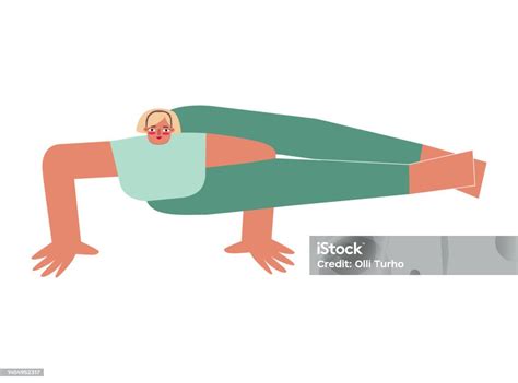 여성 캐릭터가있는 벡터 플랫 개념 팔 밸런스와 스포티한 운동 여덟 앵글 포즈 강한 여자는 자세를 배운다 아스타바크라사나 8자 꼬기 자세에 대한 스톡 벡터 아트 및 기타