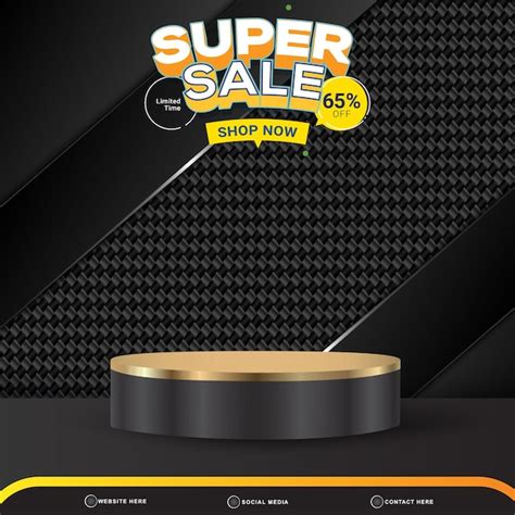 추상 검정 그라데이션 배경 디자인이 있는 제품에 대한 빈 공간 3d 연단이 있는 우아한 슈퍼 판매 배너 소셜 미디어 템플릿