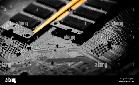Macro Close Up Of Computer Ram Chip Random Access Memory Chip Slot For