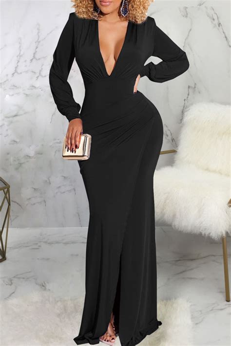 Black Sexy Solid Patchwork Slit V Neck Dresseslong Sleeve Dresses