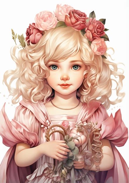 Blond Haired Girl With A Pink Dress Holding A Heart Shaped Basket