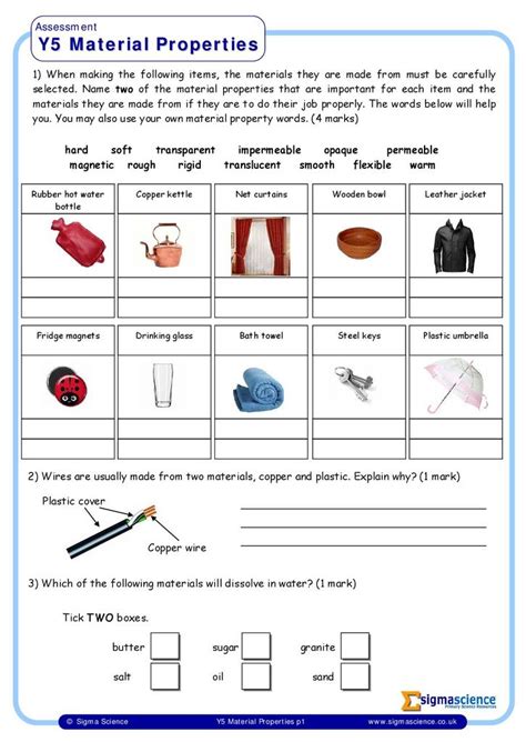 Properties Of Materials Year 2 Worksheet