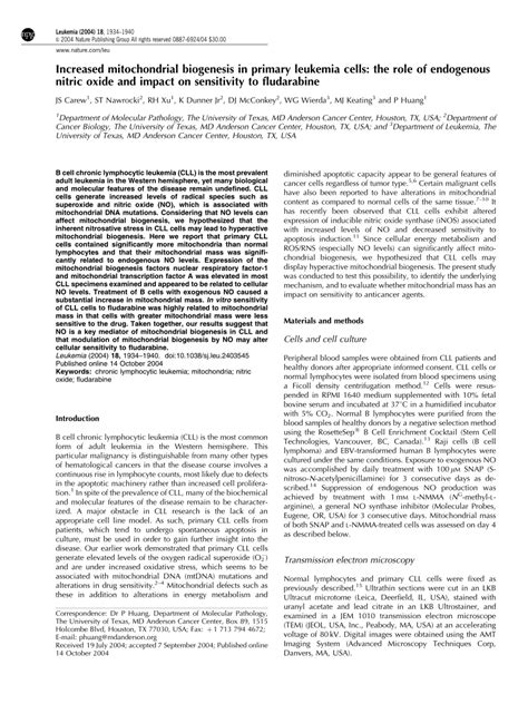 Pdf Increased Mitochondrial Biogenesis In Primary Leukemia Cells The