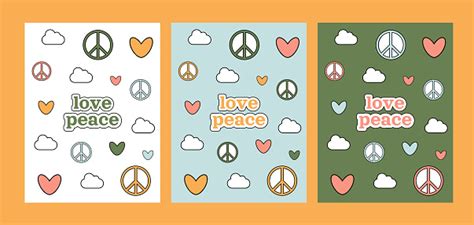 사랑 평화 그루비 1970 세트 화려한 만화 하트와 상징 평화가있는 세 엽서 70 년대 분위기 배경 트리피 손으로 그린 벡터 일러스트레이션 귀여운에 대한 스톡 벡터 아트 및