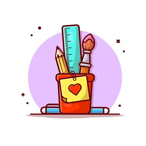 Papelería Con Regla Lápiz Pluma Y Nota Ilustración De Icono De Vector De Dibujos Animados