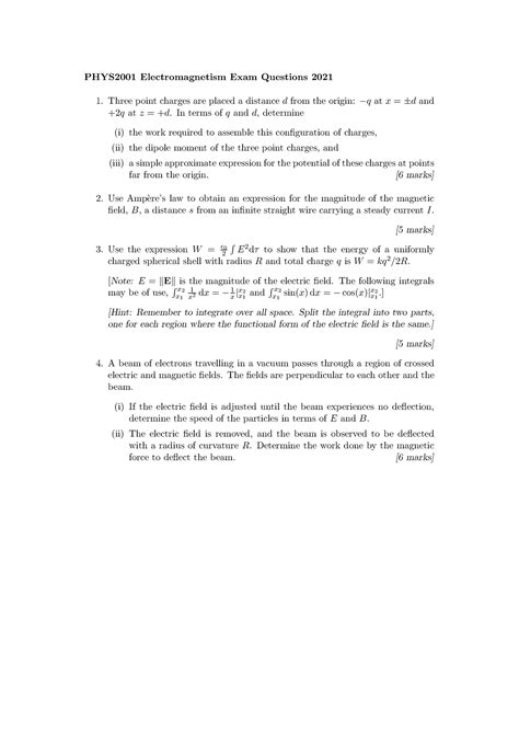 Phys2001 2021 Em Exam Phys 2001 Em Exam Phys2001 Electromagnetism