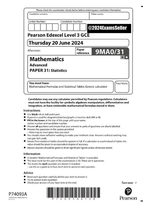 Edexcel A Level Maths 2024 Paper 31 Statistics Qp And Markscheme