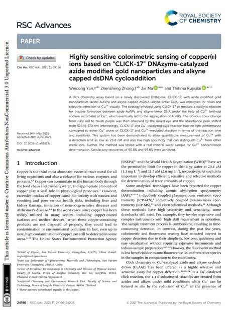 Pdf Highly Sensitive Colorimetric Sensing Of Copper Ii Ions Based On “click 17” Dnazyme