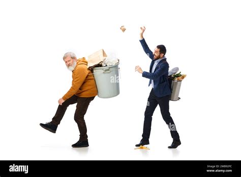 Sorting Garbage Types Two Men With Trash Bins On Backs Cleaning Taking Care After Planet